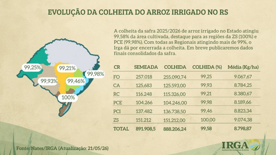 Irga dá por encerrada a colheita do arroz na Safra 2025/2026 - Planeta ...